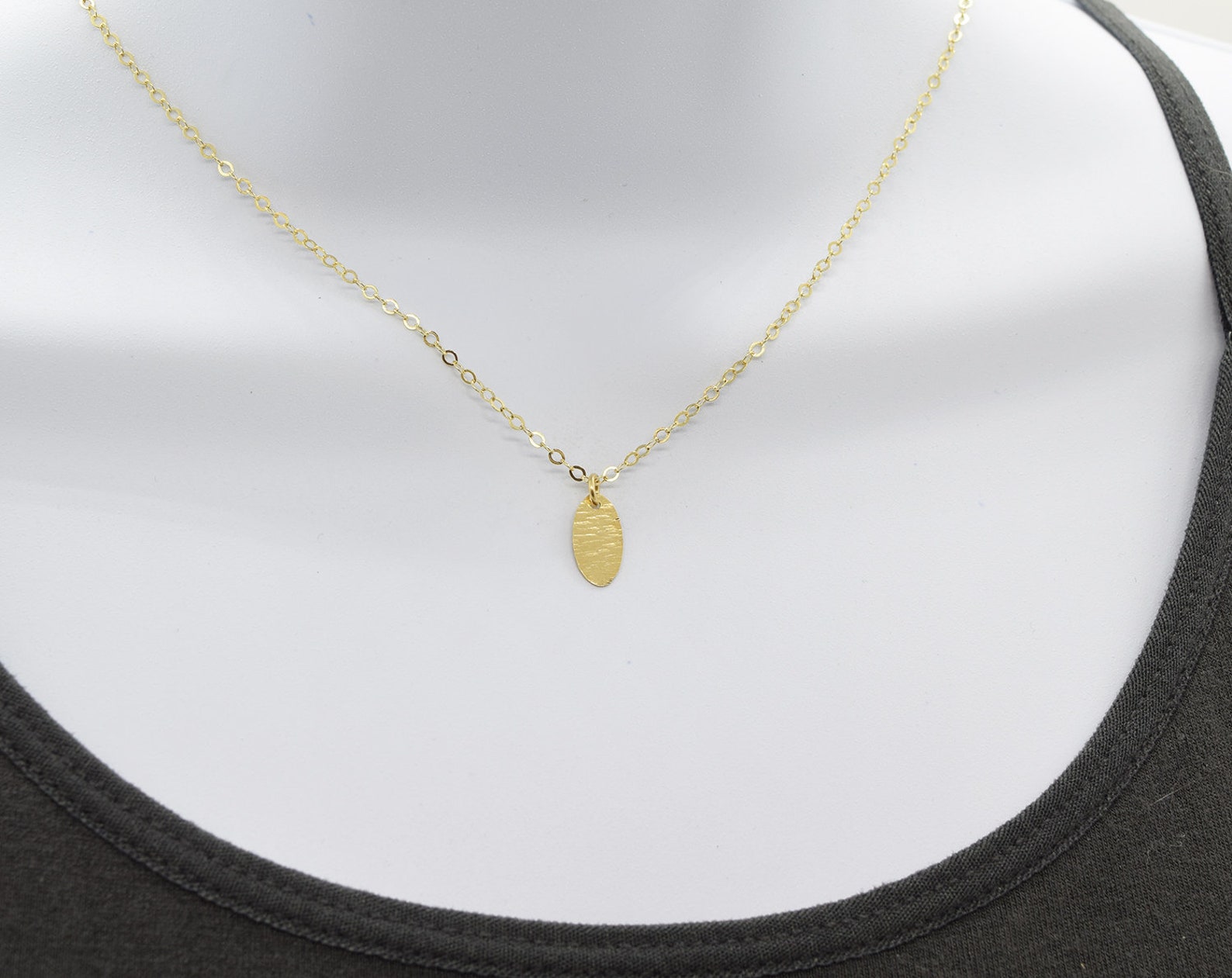 Small Gold Charm Necklace, Textured Linen Patterned Oval Pendant, Tiny ...