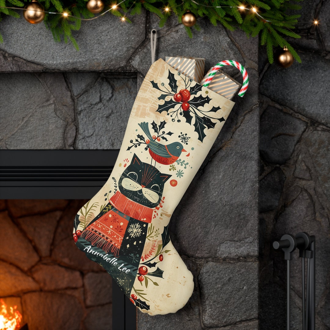 Hygge Christmas Cat Stocking – Folk Art Cat With Bird & Berries ...