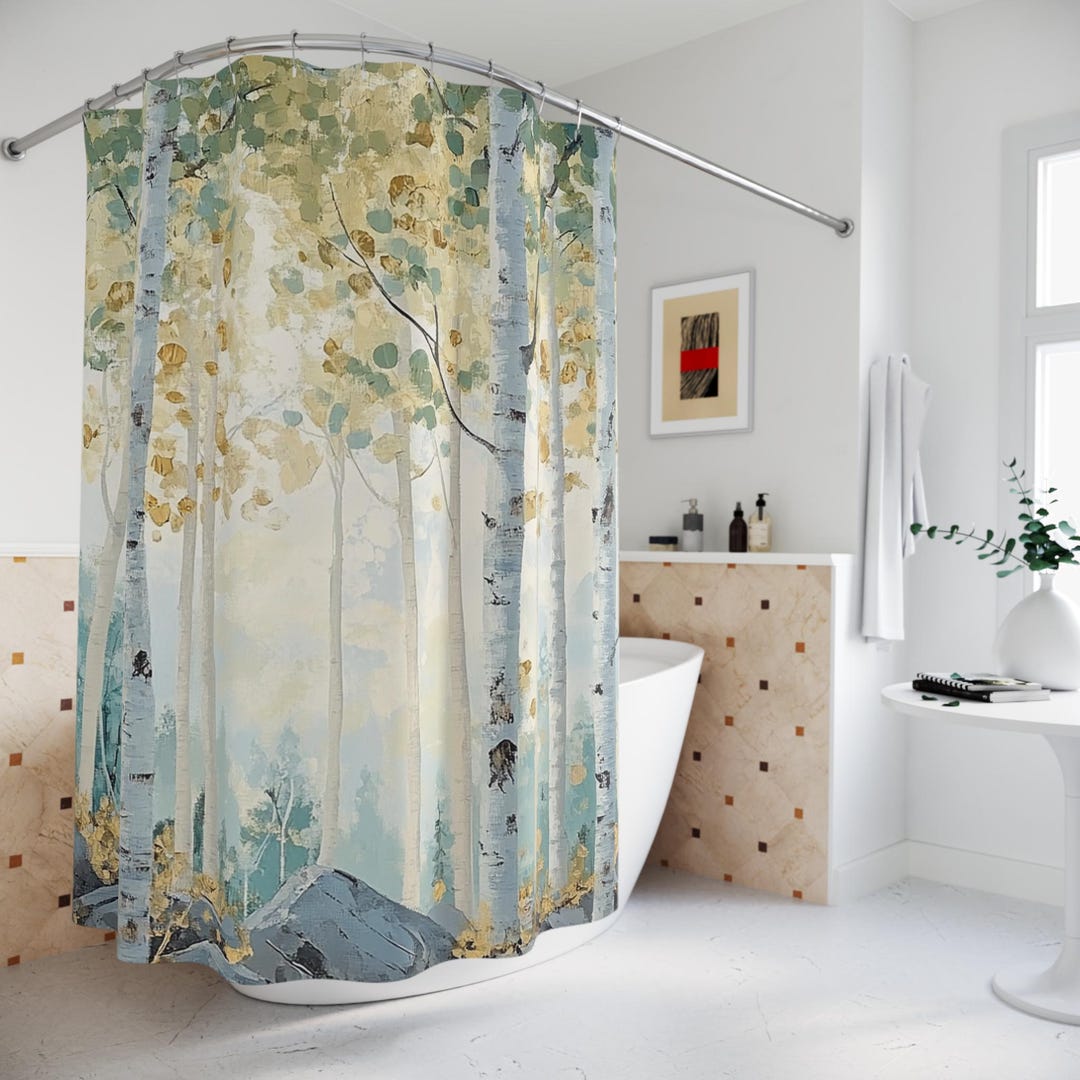 White Aspen Shower Curtain – Watercolor Forest Bathroom Decor ...