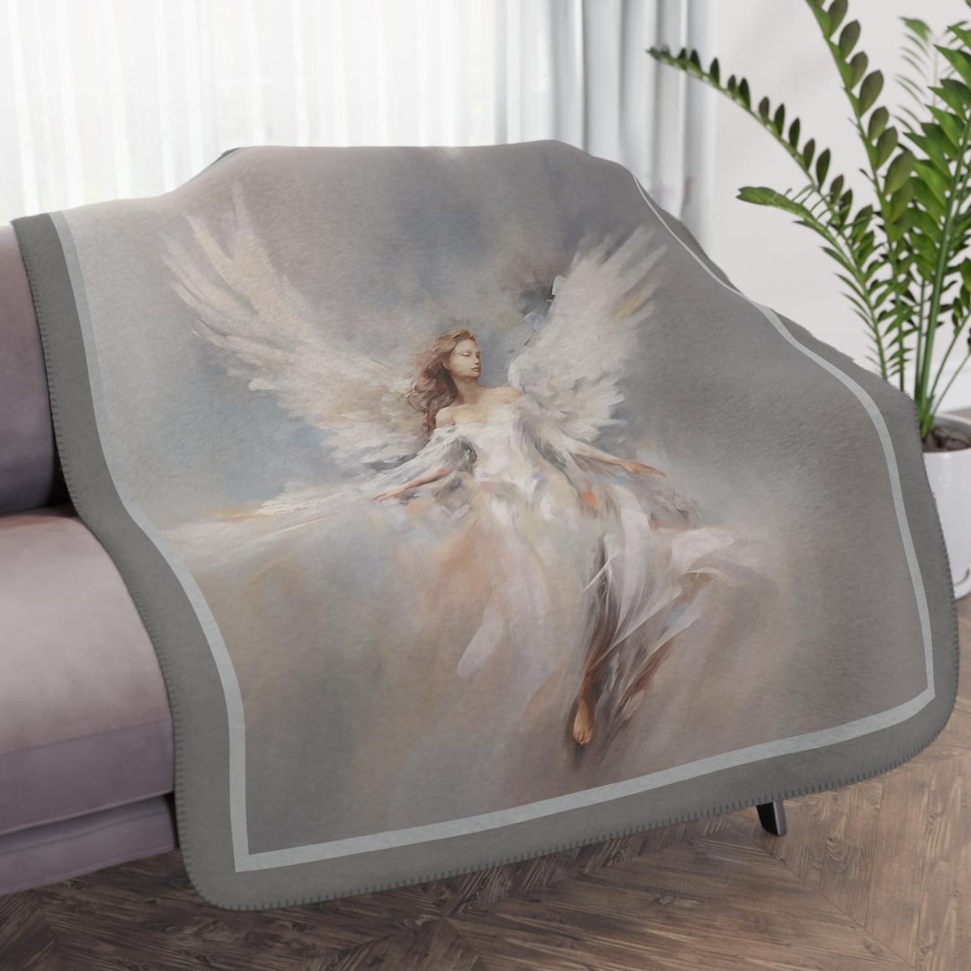 Angel Throw Blanket, Unique Religious Art Design, Gray Blanket ...