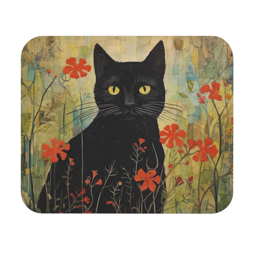 Black Cat Mouse Pad, Standard Size Desk Mat, Cat in Garden Watercolor ...