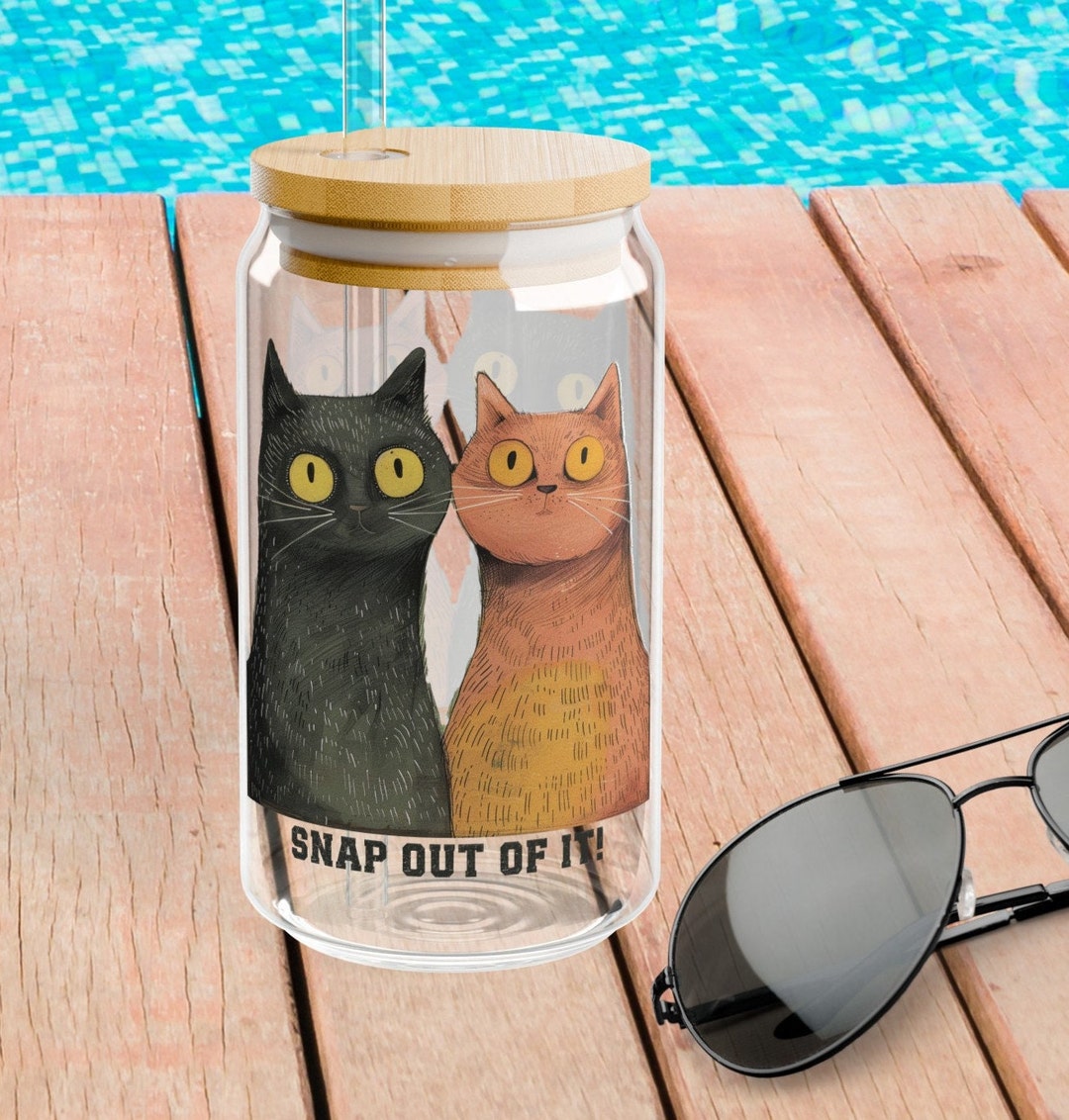 Personalized Funny Cat Glass Cup, Folk Art Black & Tabby Cat Cup With ...