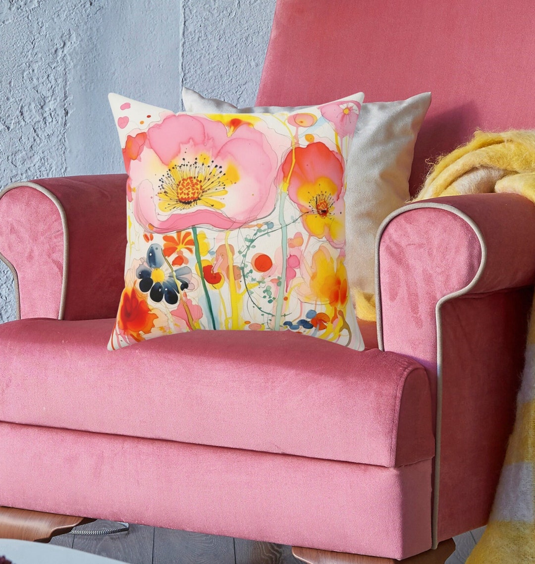 Original Wildflower Pillow #4, Watercolor, Bright Colors Pillow Set ...