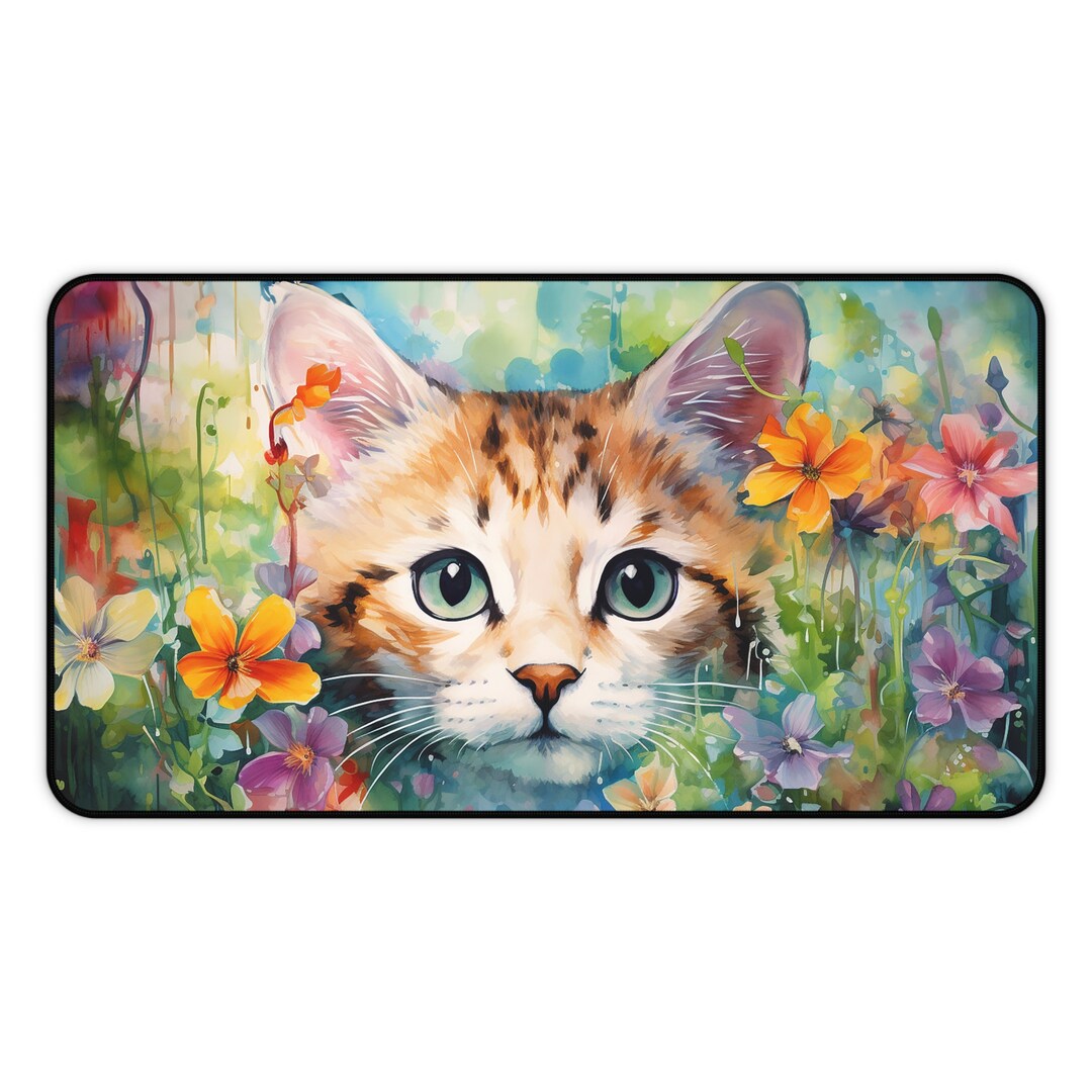 Orange Tabby Cat Mouse Pad, Garden Watercolor, Large Computer Mouse Pad ...
