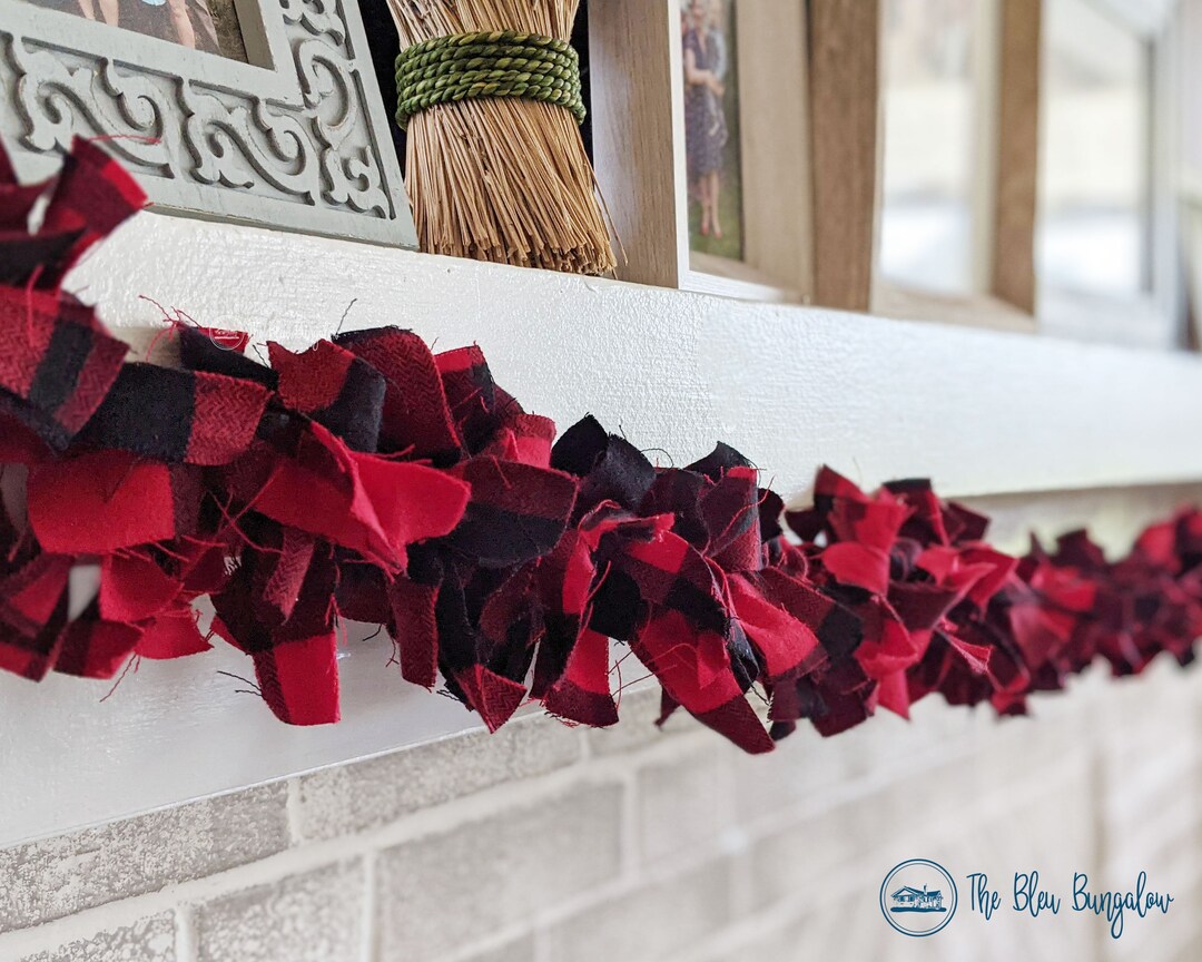 Red and Black Buffalo Plaid Garland, Christmas Rag Garland, Fabric ...