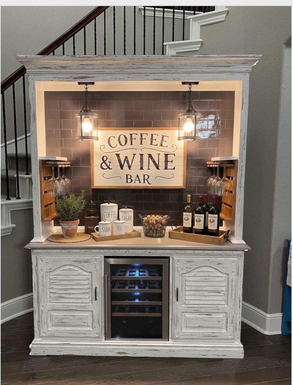 Coffee and Beverage Hutch, White and Gray Stone Paint, Dark Gray Tile ...