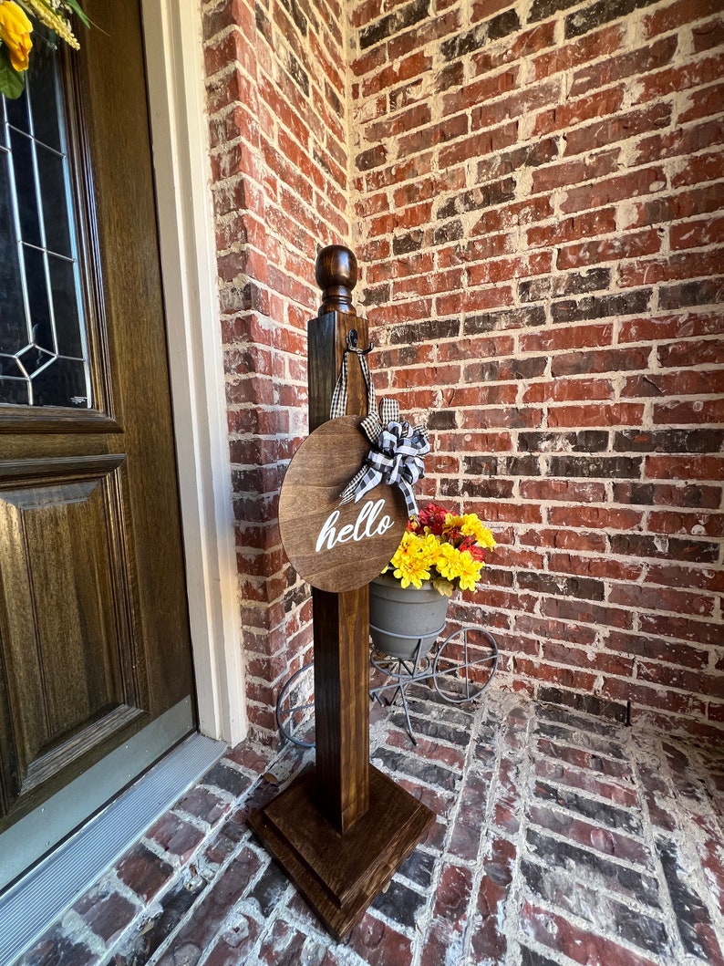 Walnut Front Porch Post, With Walnut Hello Sign and Bow, Customization ...