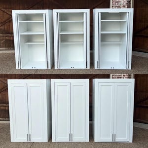 Three Unit Kitchen Cabinet With Shelves and Pocket Sliding Doors and ...