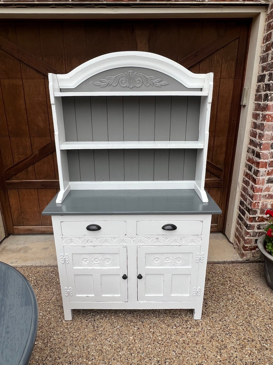 Distressed White and Gray Welch Hutch, Dining Room Hutch, Farmhouse ...