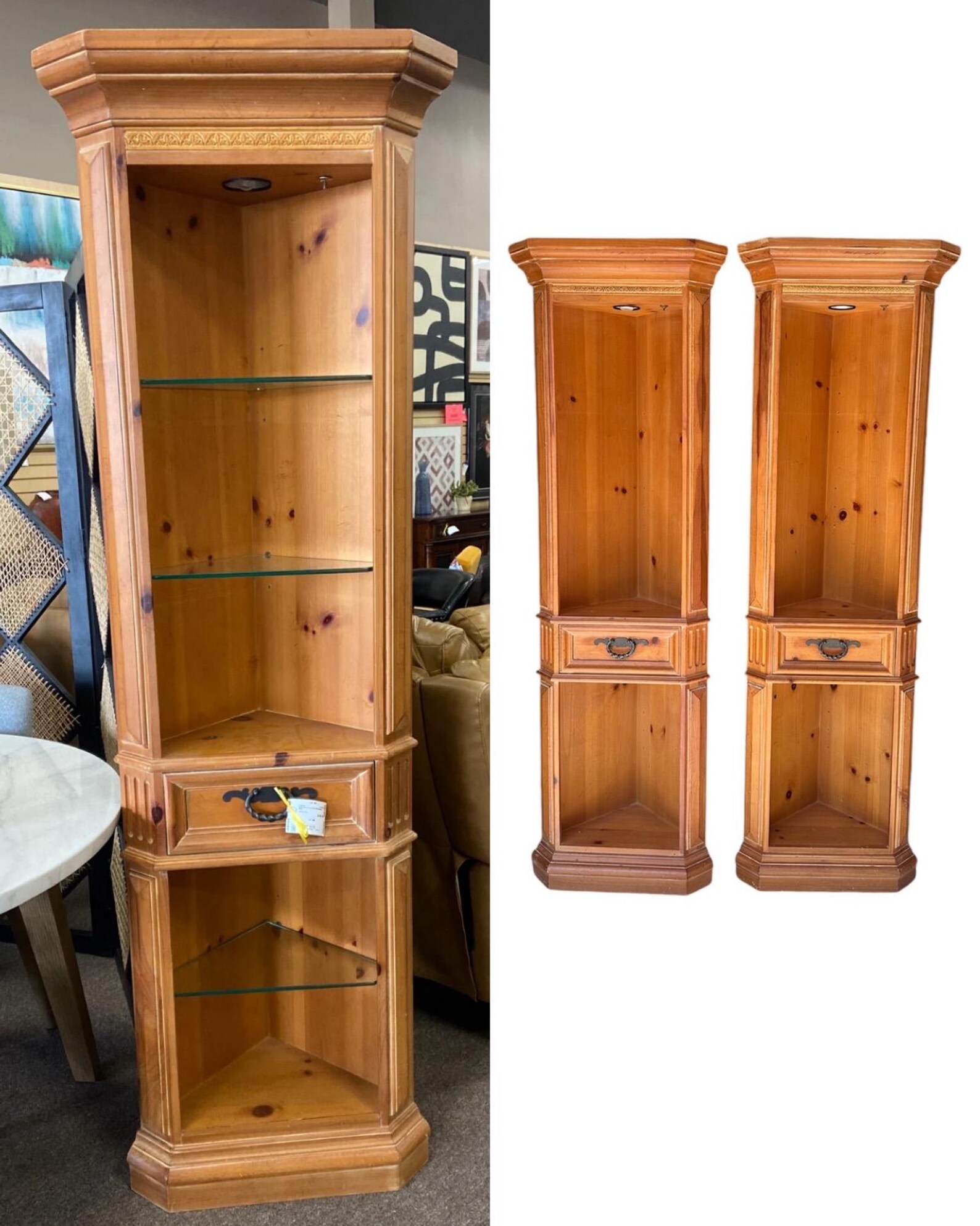 Set of 2: Thomasville Oak Corner Display Unit With Glass Shelves ...