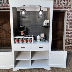 White and Grey Shiplap Coffee Bar, Beverage Cabinet, Coffee and Wine ...
