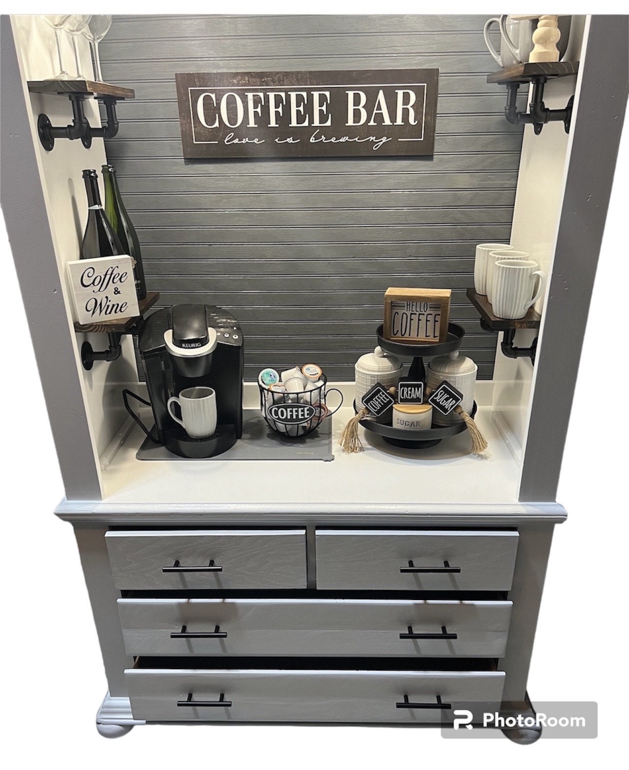 Farmhouse, White Coffee Hutch, Pipe Shelves, Beverage Hutch, Armoire ...