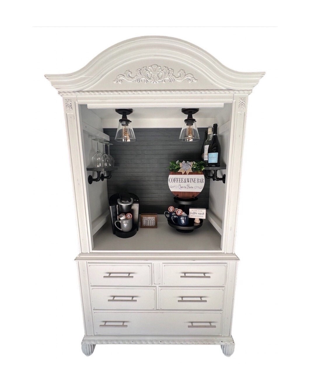 Distressed White Coffee and Wine Armoire, Grey Pipe Shelves, Graystone ...