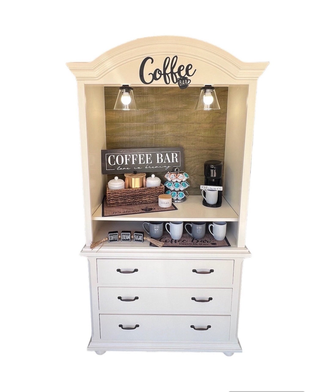 Antique White Coffee Hutch, Driftwood Shiplap, Oil Rubbed Bronze ...