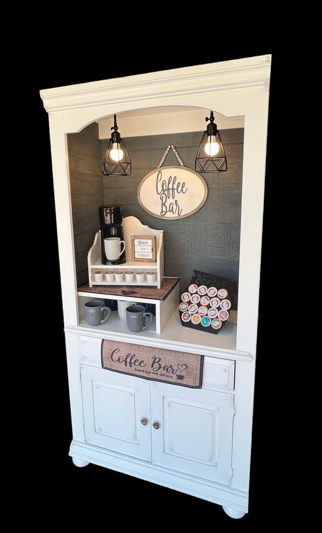 Distressed White Coffee Bar Cabinet With Grey Wood Backboard, Coffee ...