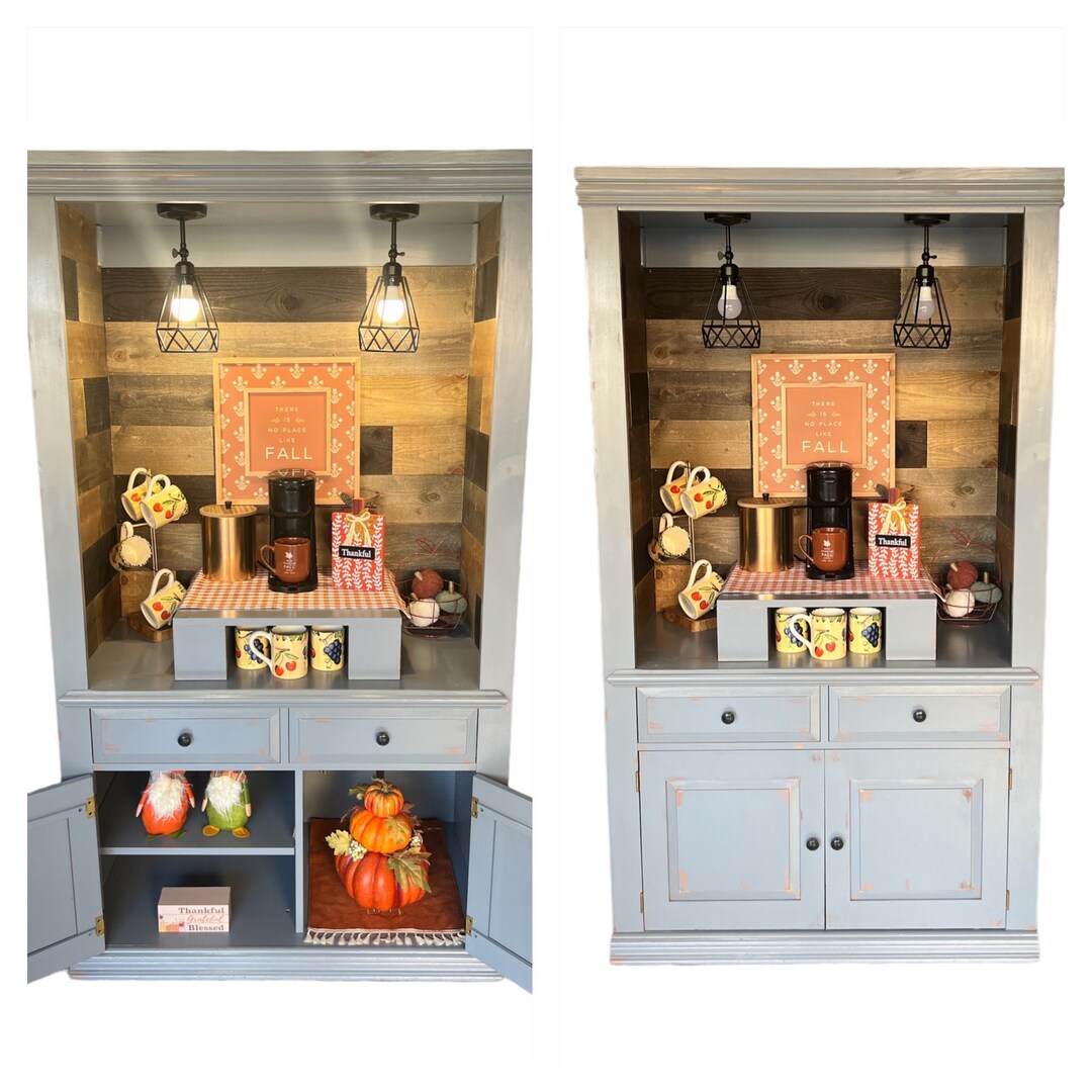 Grey Distressed Coffee Bar Barn Wood and Grey Cabinet Fall - Etsy