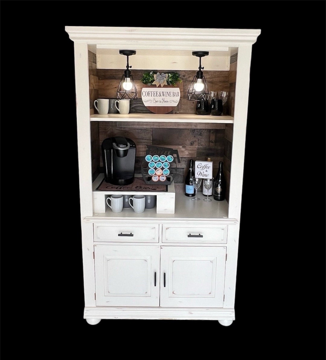 Antique White Distressed Coffee Hutch, Farmhouse Cabinet, Rustic Decor ...