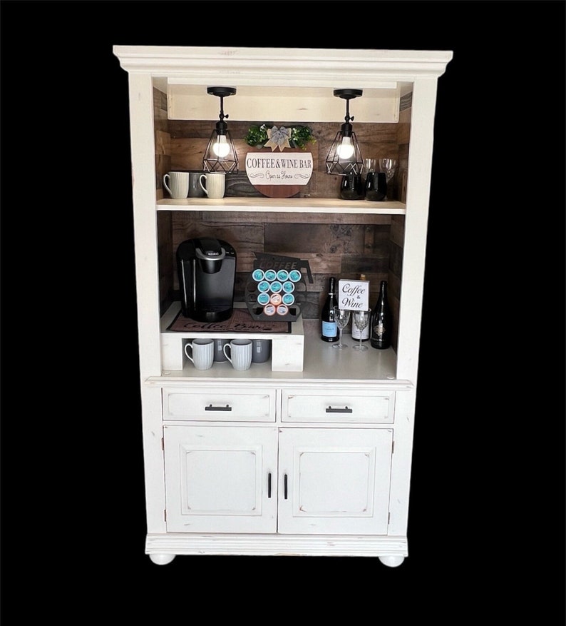 Antique White Distressed Coffee Hutch, Farmhouse Cabinet, Rustic Decor ...