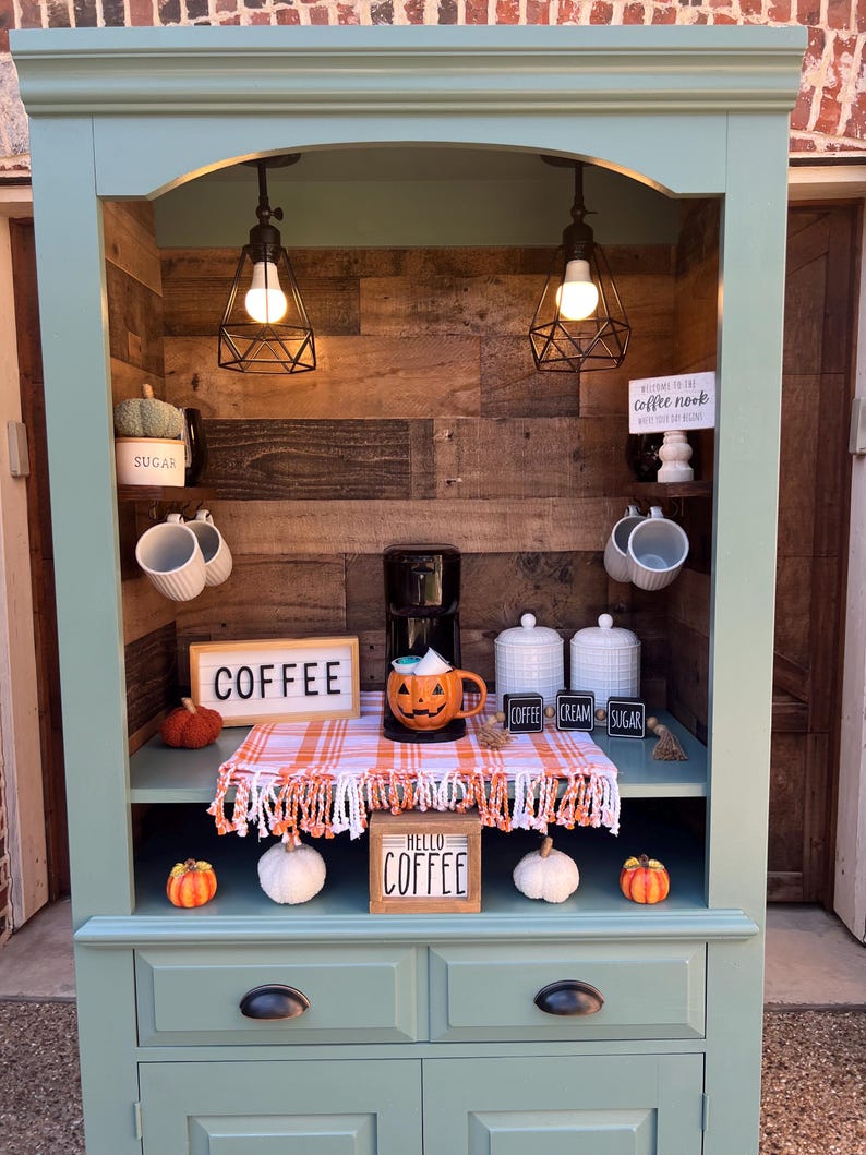 Blue-green Broyhill Coffee Hutch, Coffee Bar, Beverage Station, Fall ...