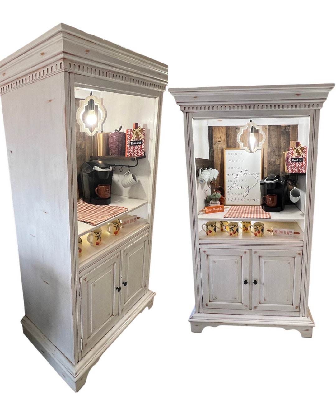 Farmhouse White-washed Coffee Bar, Distressed Hutch, Worn Rustic ...