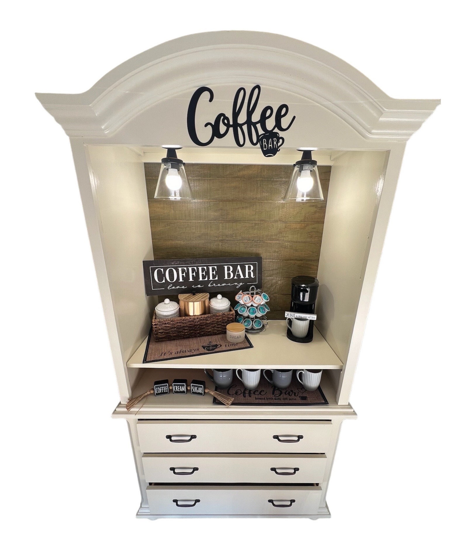 Antique White Coffee Hutch, Driftwood Shiplap, Oil Rubbed Bronze ...