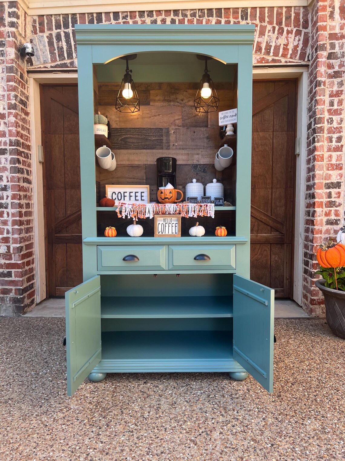 Blue-green Broyhill Coffee Hutch, Coffee Bar, Beverage Station, Fall ...