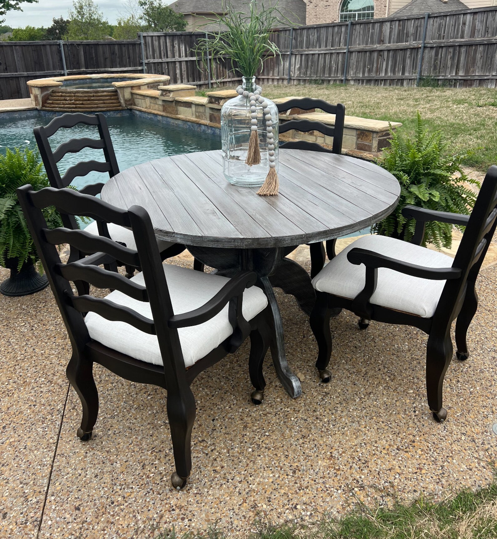 Farmhouse Grey Round Table, Set of Four Black Chairs, Solid Wood Table ...