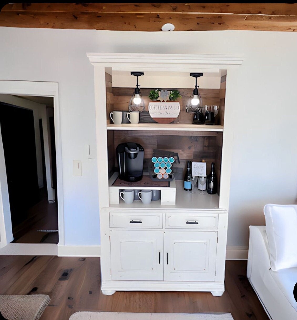 Antique White Distressed Coffee Hutch, Farmhouse Cabinet, Rustic Decor ...