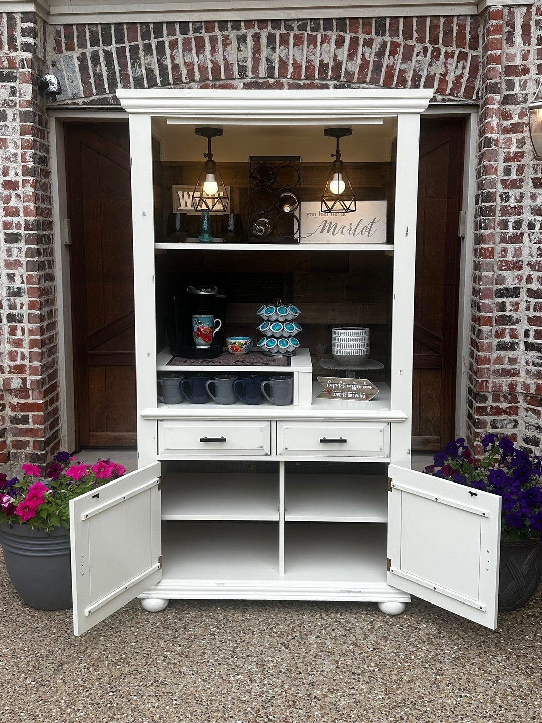 Antique White Distressed Coffee Hutch, Farmhouse Cabinet, Rustic Decor ...