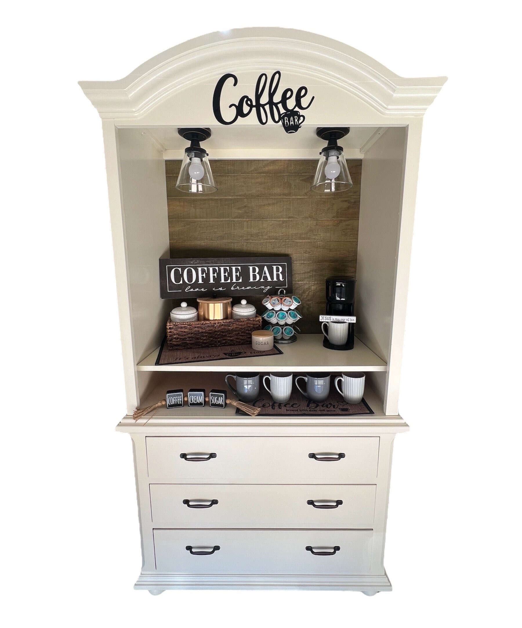 Antique White Coffee Hutch, Driftwood Shiplap, Oil Rubbed Bronze ...