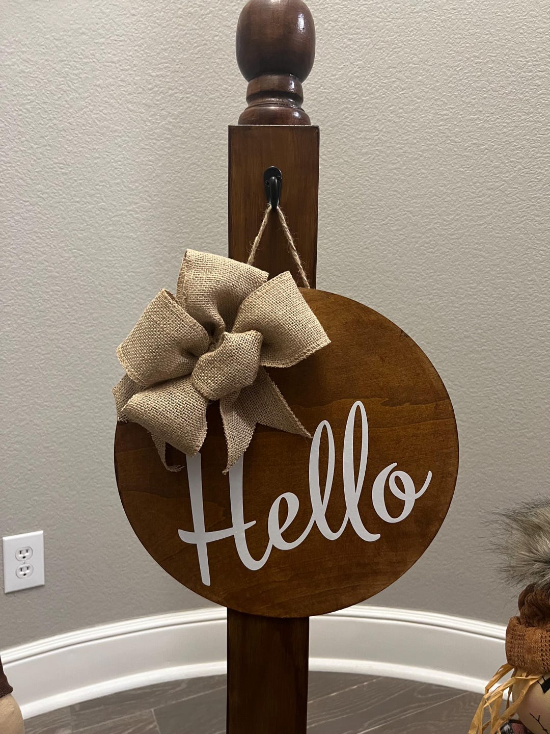 Oak Wood Banister Post and Matching Hello Sign, Solid Wood, Burlap Bow ...