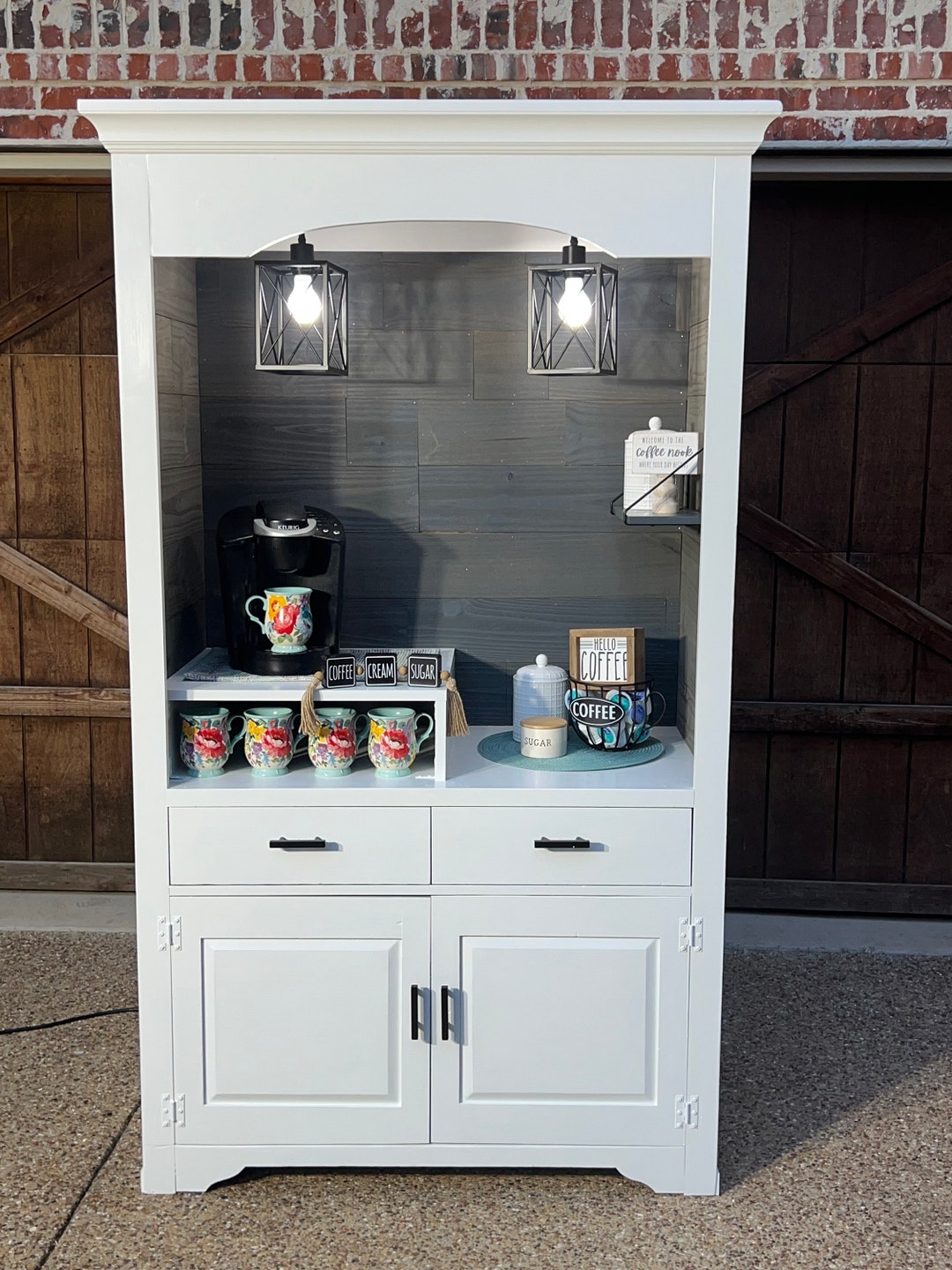 White and Grey Shiplap Coffee Bar, Beverage Cabinet, Coffee and Wine ...