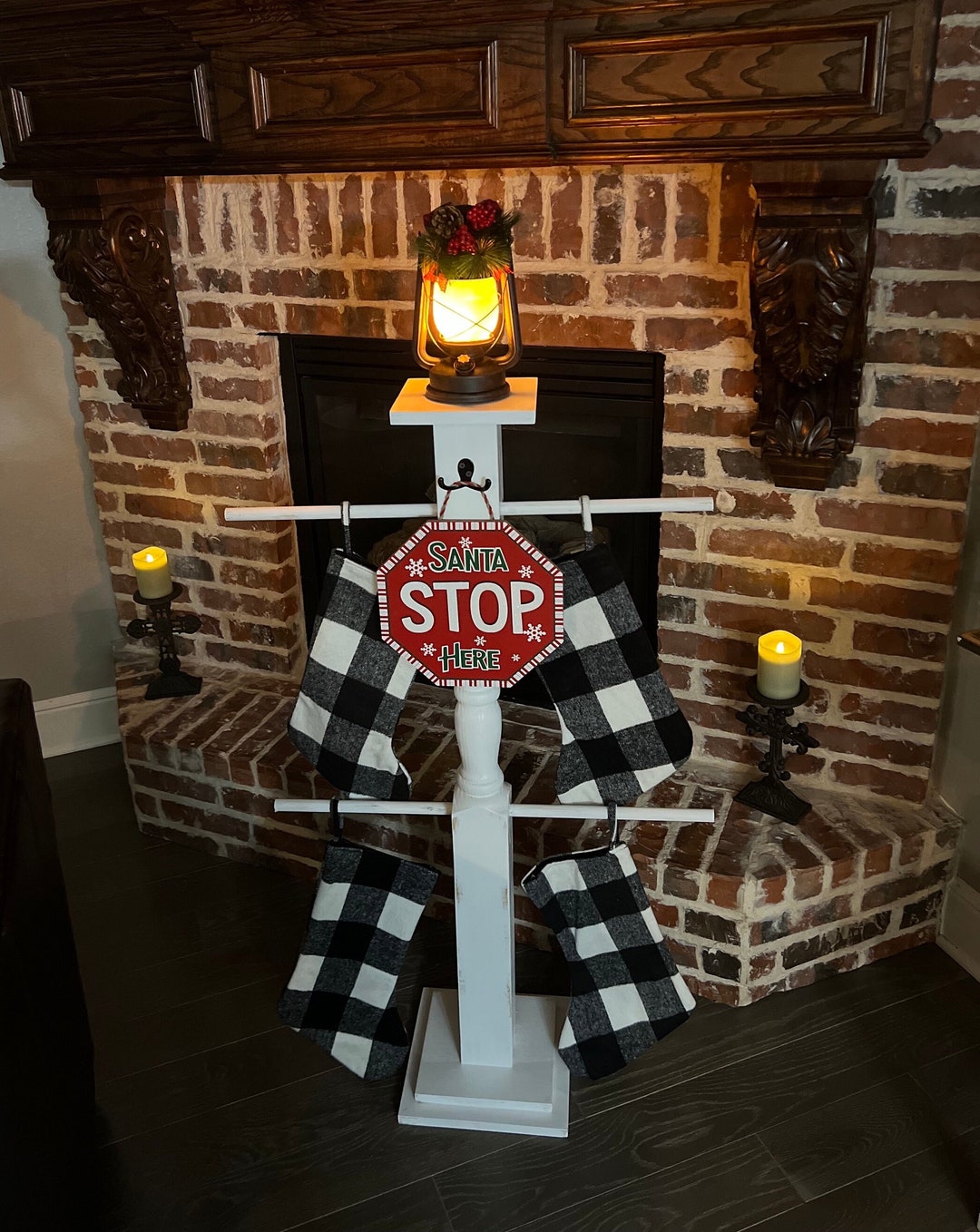 Christmas Stocking Post, Distressed White Pole With Lantern, Santa Stop ...