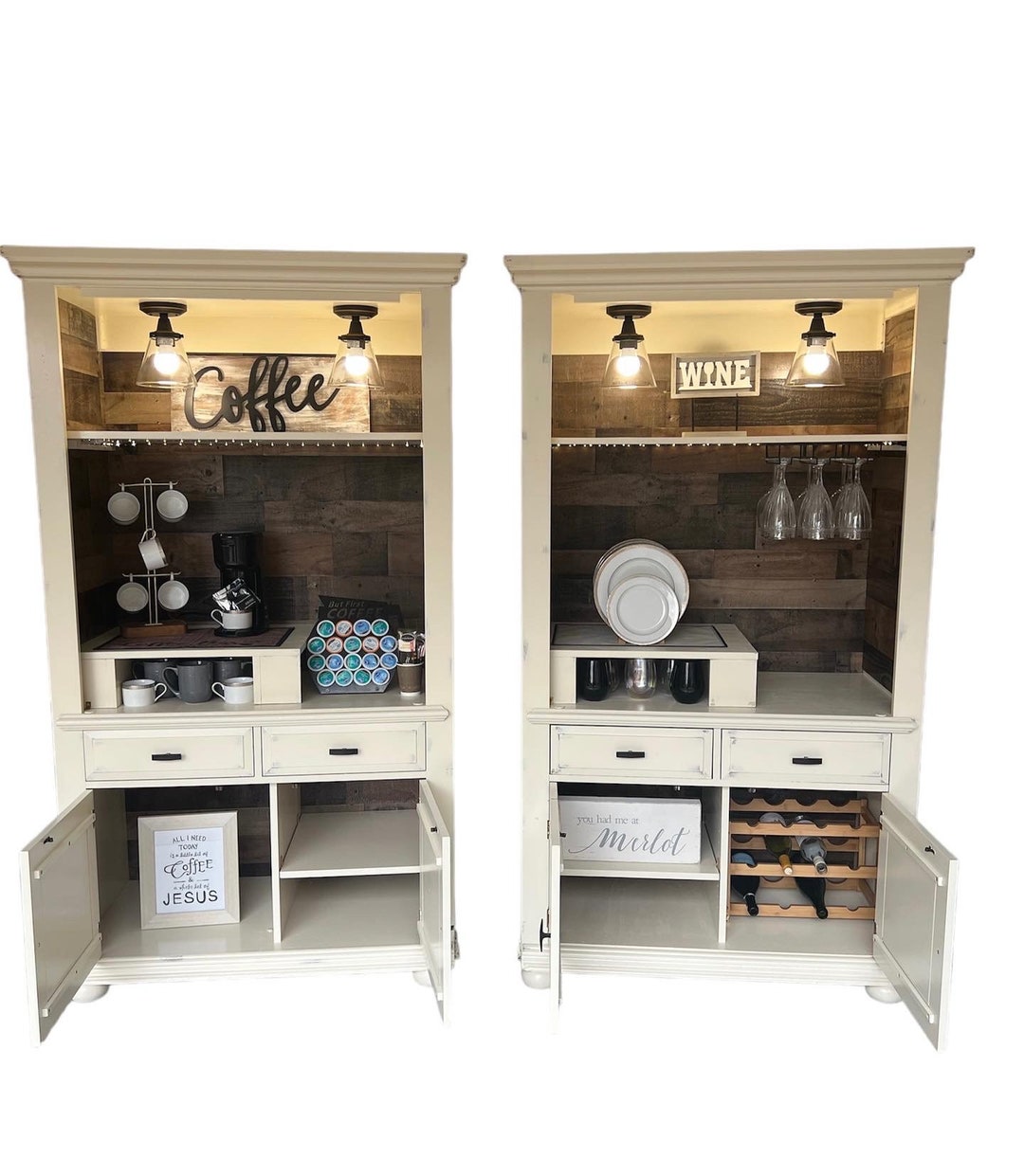 Coffee and Wine Hutch, Antique White Distressed Coffee Hutch, Farmhouse ...