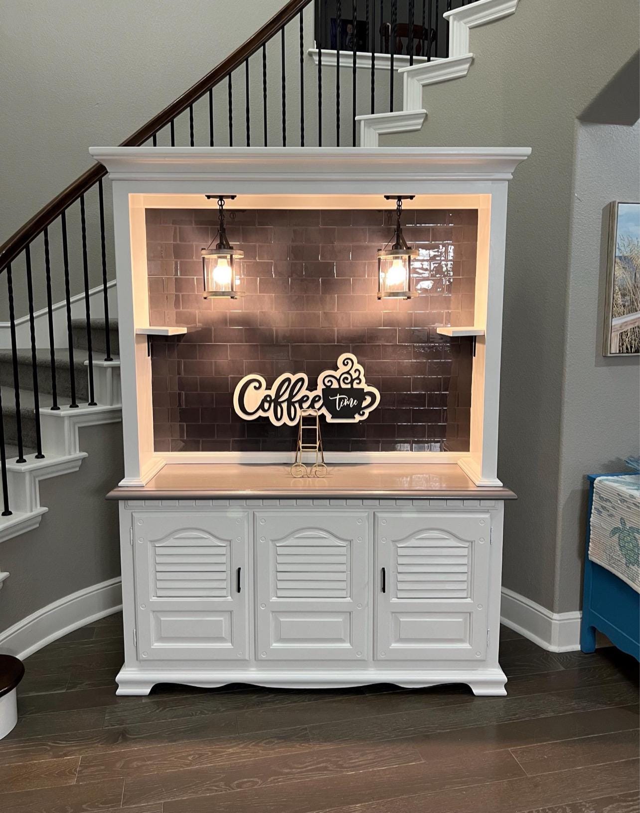 Coffee and Beverage Hutch, White and Gray Stone Paint, Dark Gray Tile ...