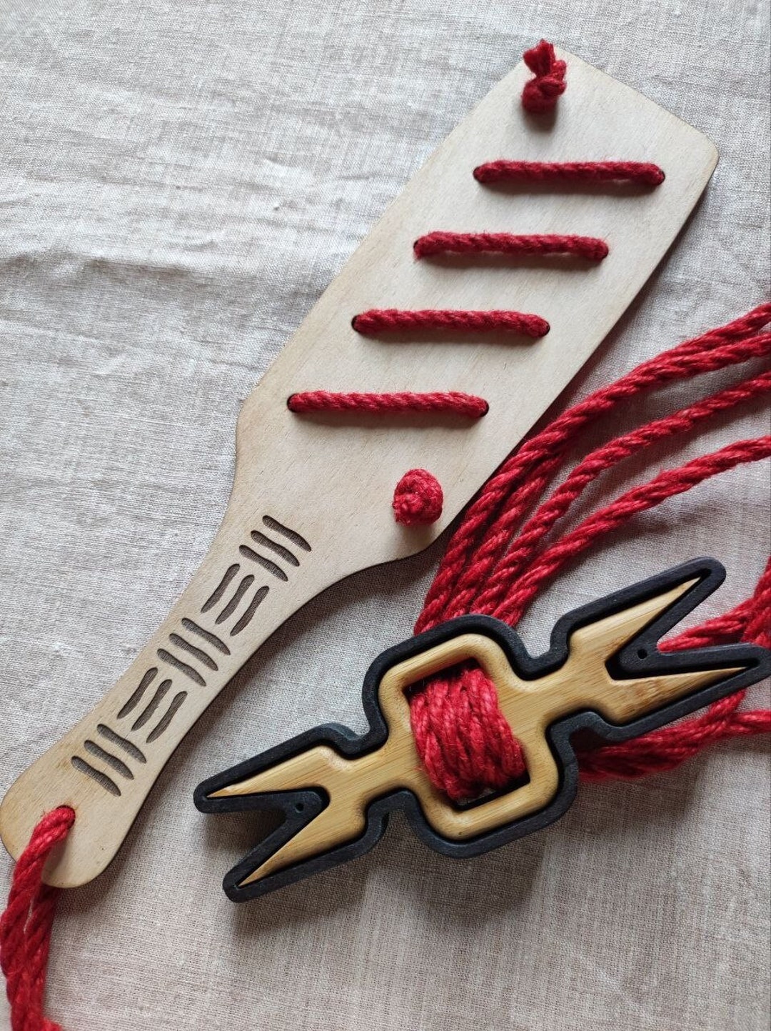 Red Set With Bamboo Heretics Fork and Rope Wrapped Spanking Bdsm Paddle ...