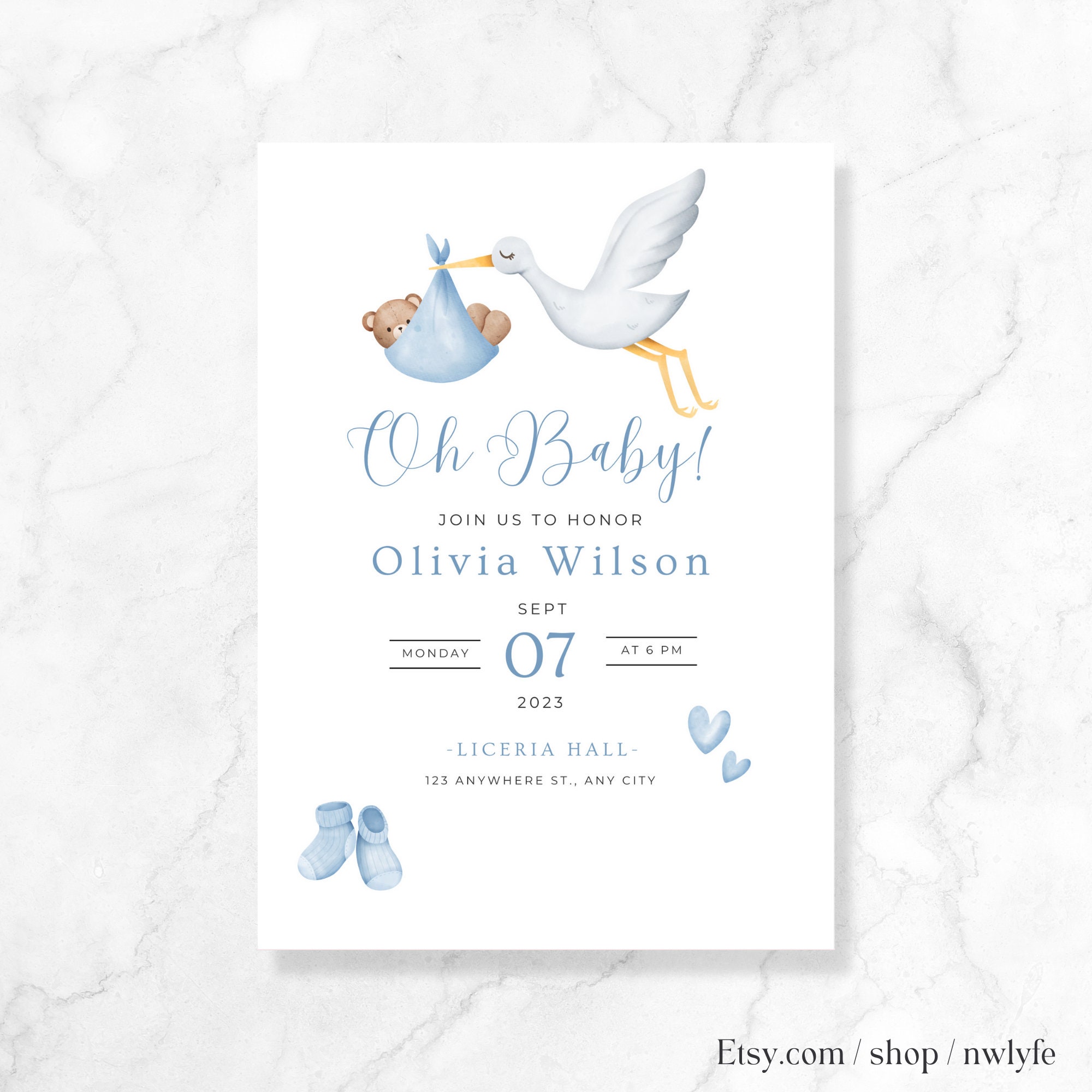 Editable Blue Stork Baby Shower Invitation Invites Template Instant ...