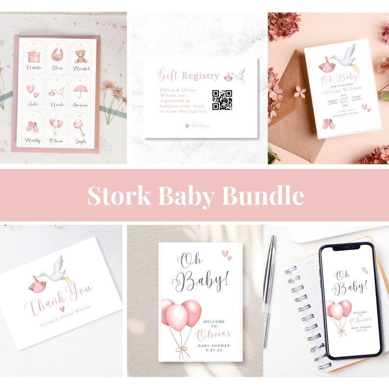Pink Stork Baby Shower Bundle: Editable Templates (canva) - Etsy