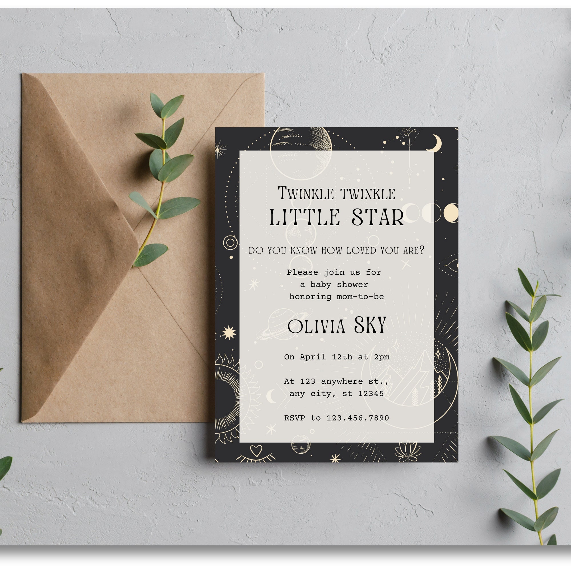 Editable Twinkle Twinkle Little Star Baby Shower Invitation, Astrology ...