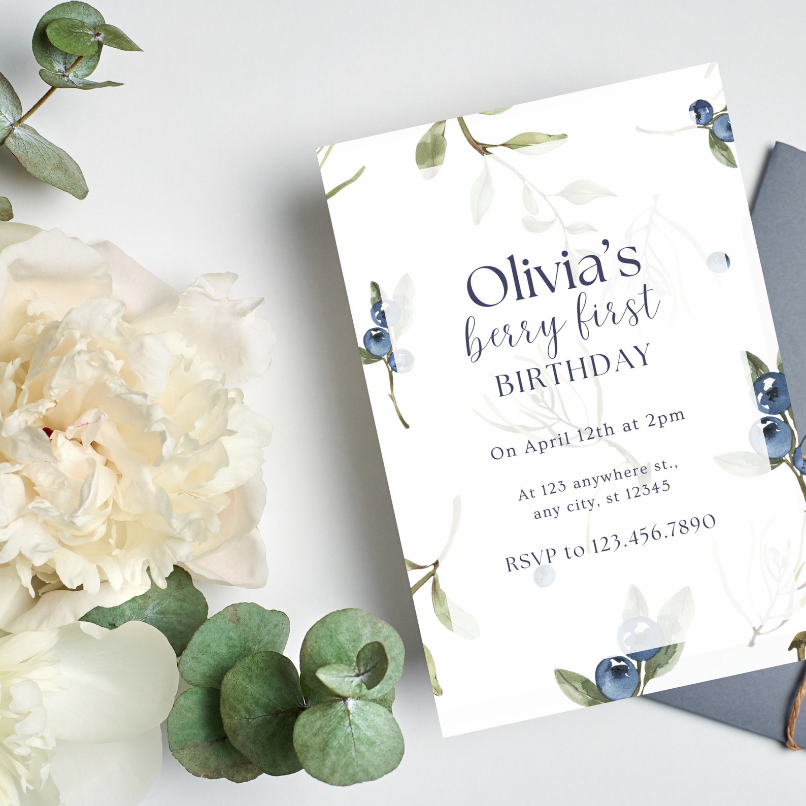 Blueberry First Birthday Invitation: Berry Sweet Theme (5x7" Editable ...