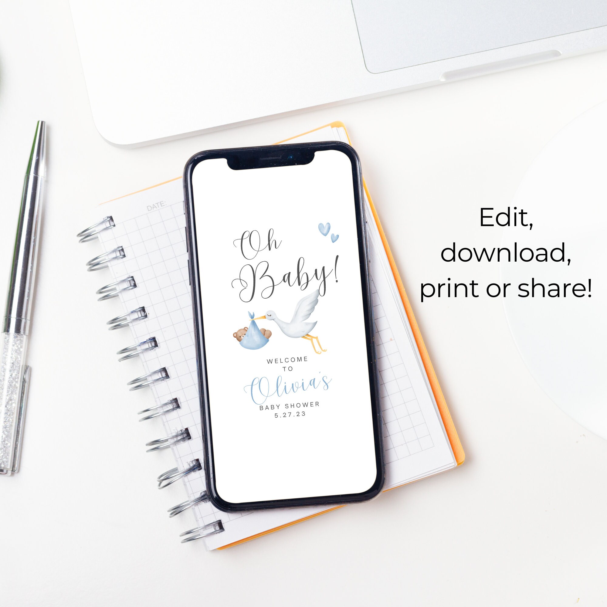 Stork Baby Shower Bundle Templates Stork Baby Shower Blue - Etsy