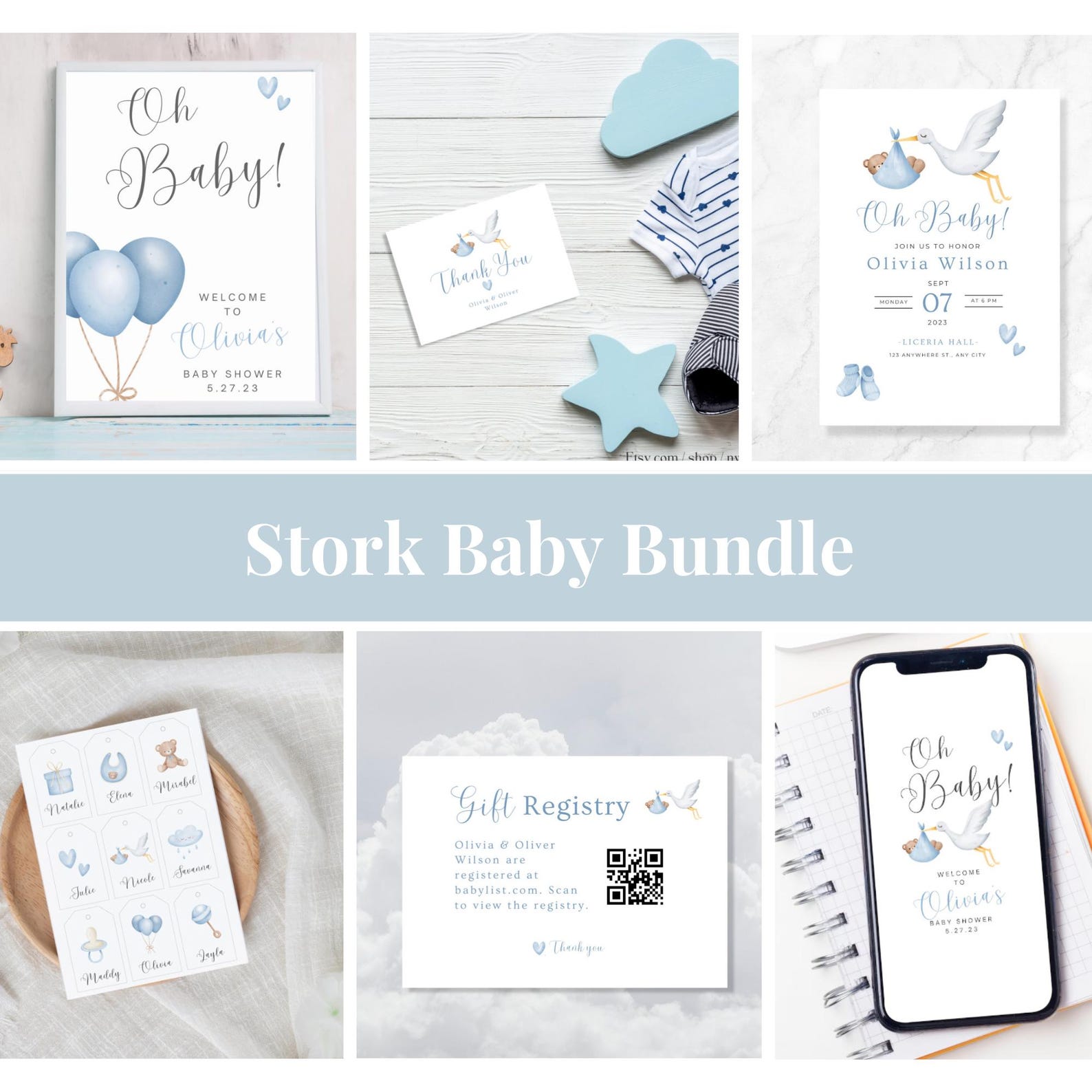 Stork Baby Shower Bundle Templates, Stork Baby Shower, Blue Baby Shower ...