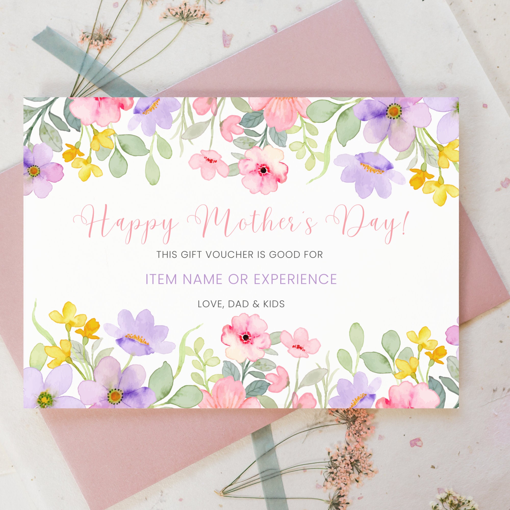 Mother's Day Gift Certificate Template, Event Experience Coupon, Floral ...