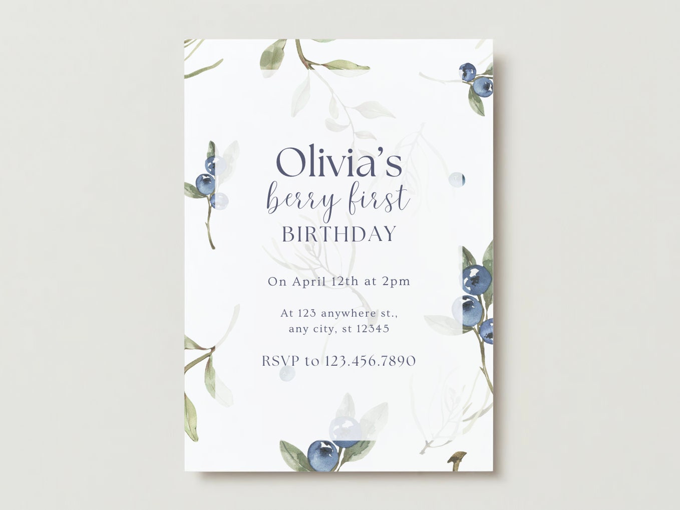Blueberry First Birthday Invitation: Berry Sweet Theme (5x7" Editable ...