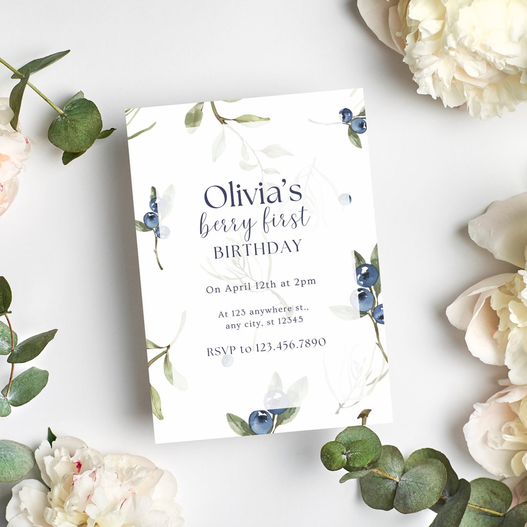 Blueberry First Birthday Invitation, Berry First Birthday, Blueberries ...