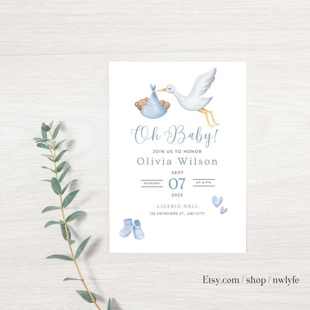 Editable Blue Stork Baby Shower Invitation Invites Template Instant ...