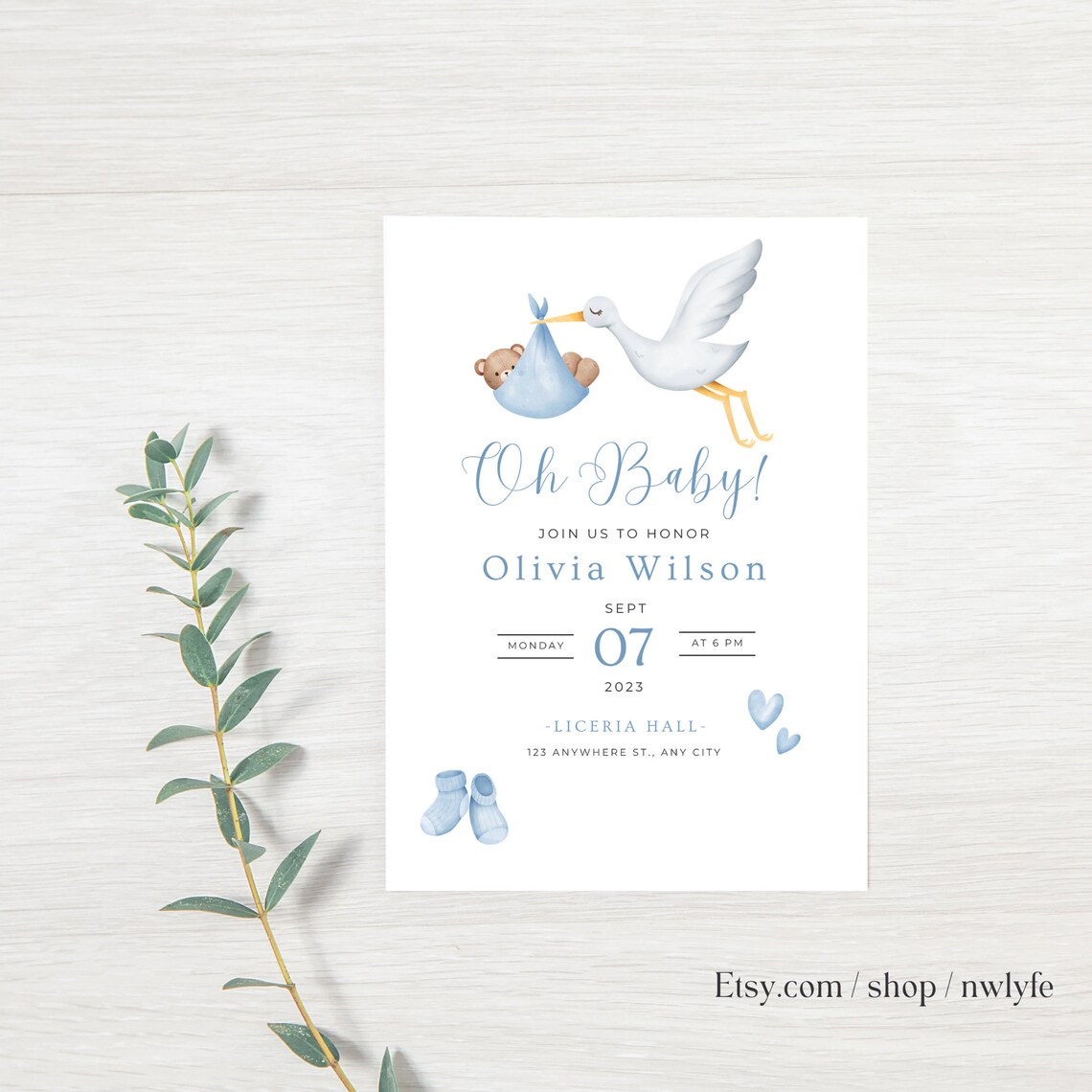Editable Blue Stork Baby Shower Invitation Invites Template Instant ...