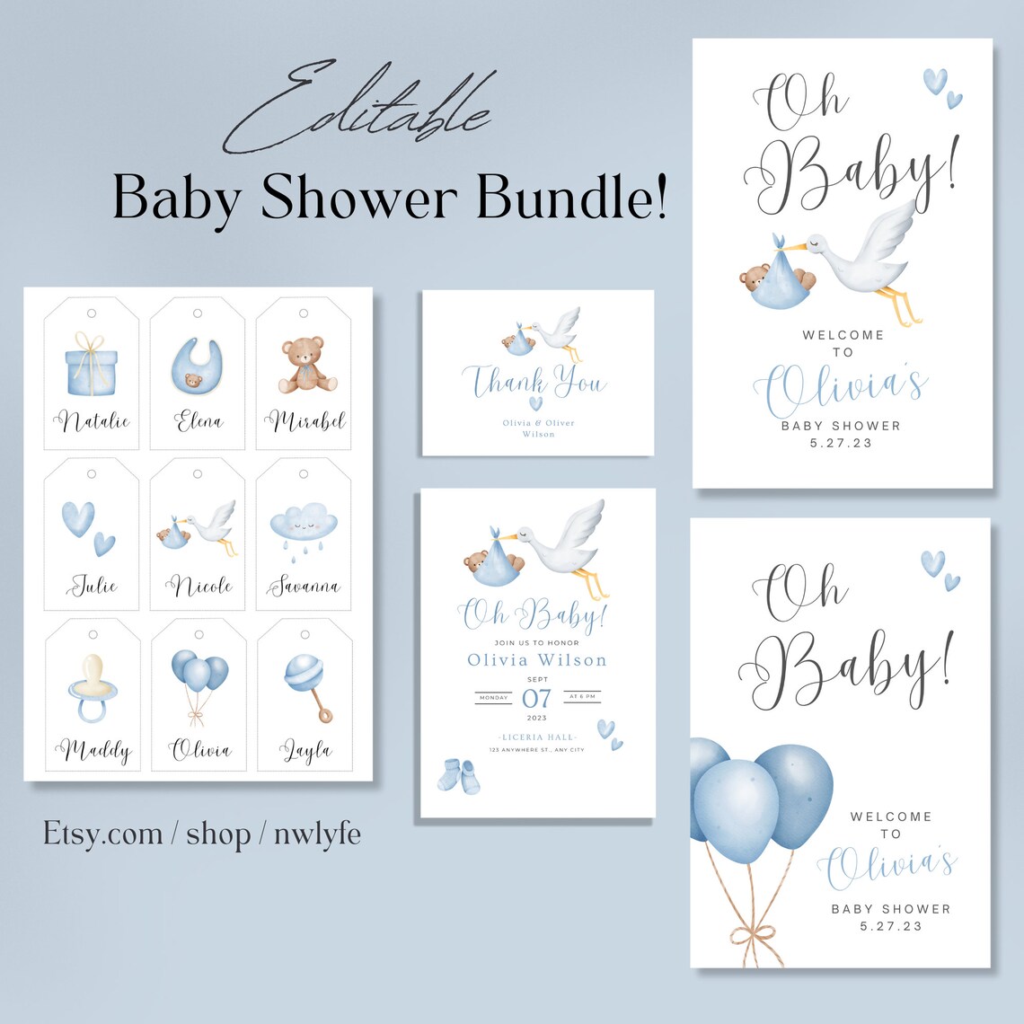 Stork Baby Shower Bundle Templates Stork Baby Shower Blue - Etsy
