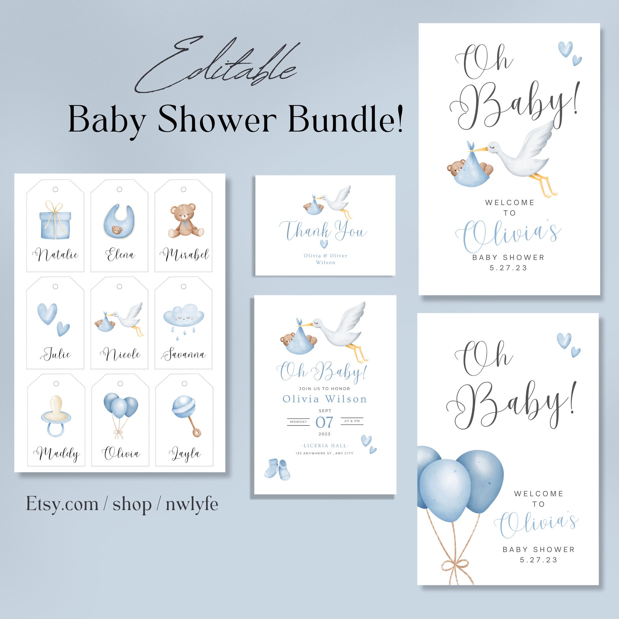 Stork Baby Shower Bundle Templates Stork Baby Shower Blue - Etsy
