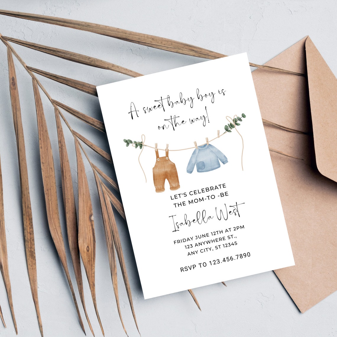 Editable Boho Baby Boy Clothesline Baby Shower Invitation, Canva ...